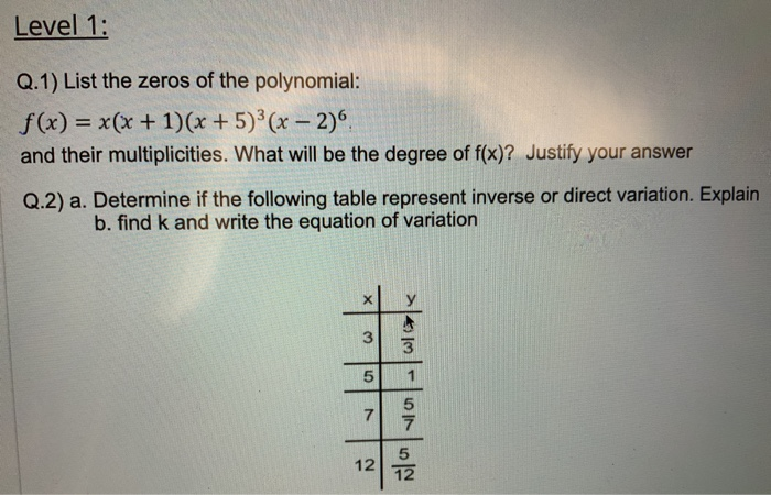 Solved Level 1: Q.1) List the zeros of the polynomial: f(2) | Chegg.com