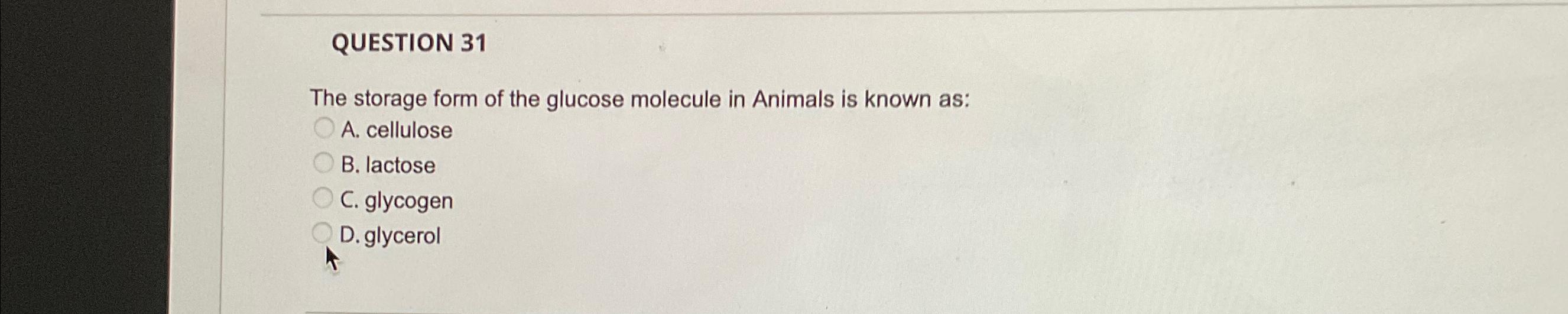 Solved QUESTION 31The storage form of the glucose molecule | Chegg.com