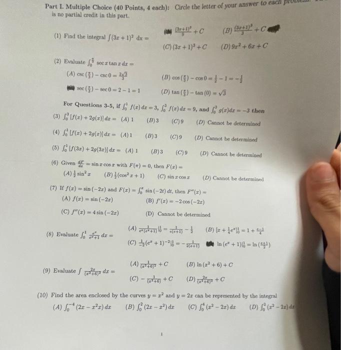 Solved Part I. Multiple Choice ( 40 Points, 4 each): Gircle | Chegg.com