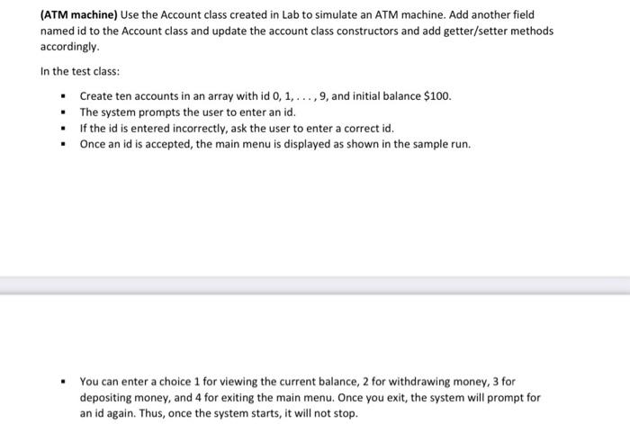 Solved (ATM machine) Use the Account class created in Lab to | Chegg.com