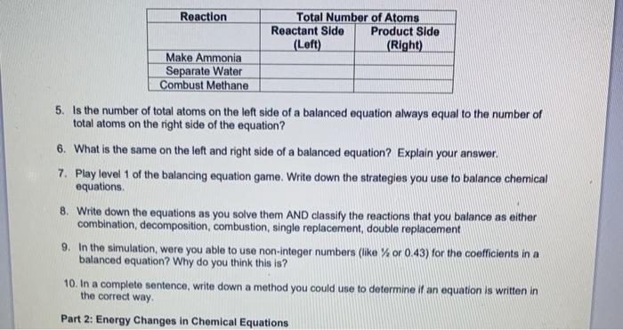 Solved Reaction Total Number of Atoms Reactant Side Product | Chegg.com