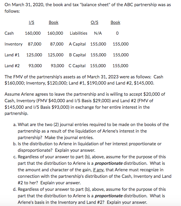 Solved On March 31,2020 , ﻿the book and tax "balance sheet" | Chegg.com