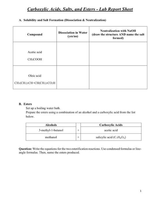 Solved Carboxylic Acids, Salts, and Esters - Lab Report | Chegg.com