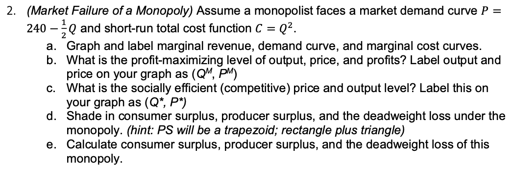 Solved (Market Failure of a Monopoly) ﻿Assume a monopolist | Chegg.com