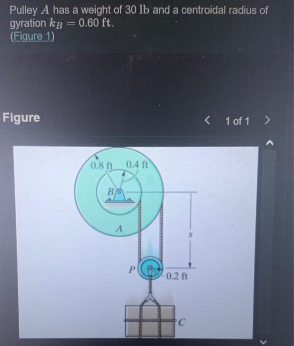 Solved Pulley A has a weight of 30lb and a centroidal radius | Chegg.com