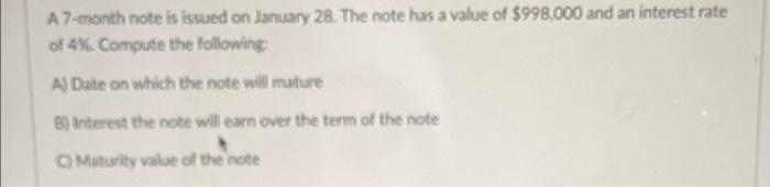 Solved A 7-month note is issued on lanuary 28. The note has | Chegg.com