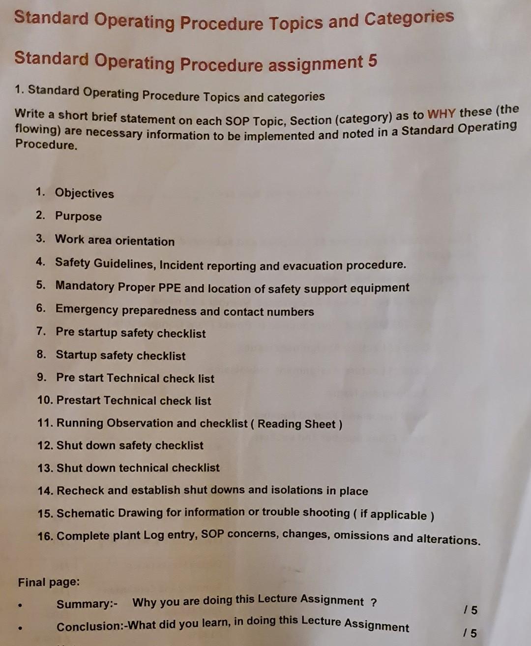 Solved Standard Operating Procedure Topics and Categories | Chegg.com