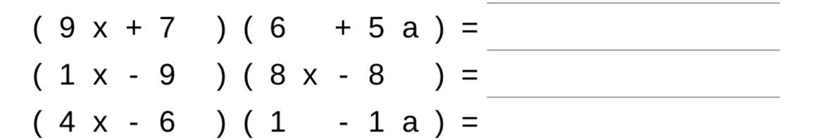 Solved (9x+7)(6+5a)=(1x-9)(8x-8)=(4x-6)(1-1a)= | Chegg.com