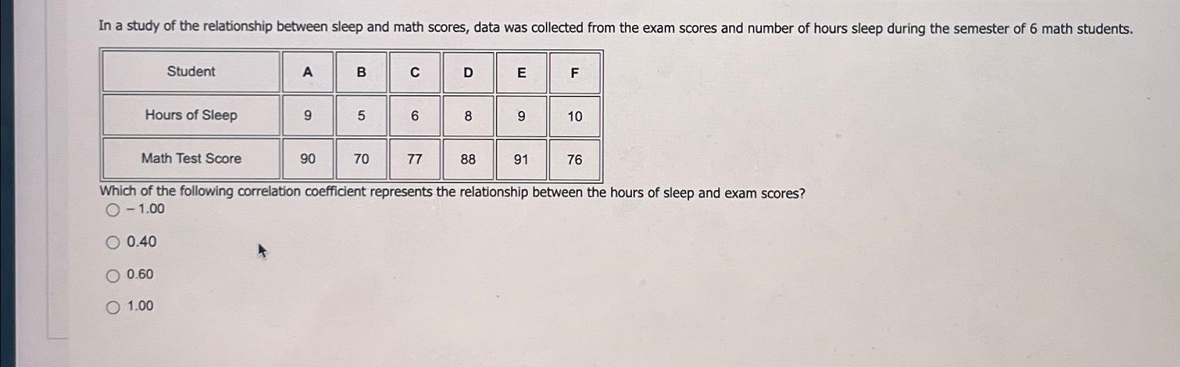 Solved In a study of the relationship between sleep and math | Chegg.com