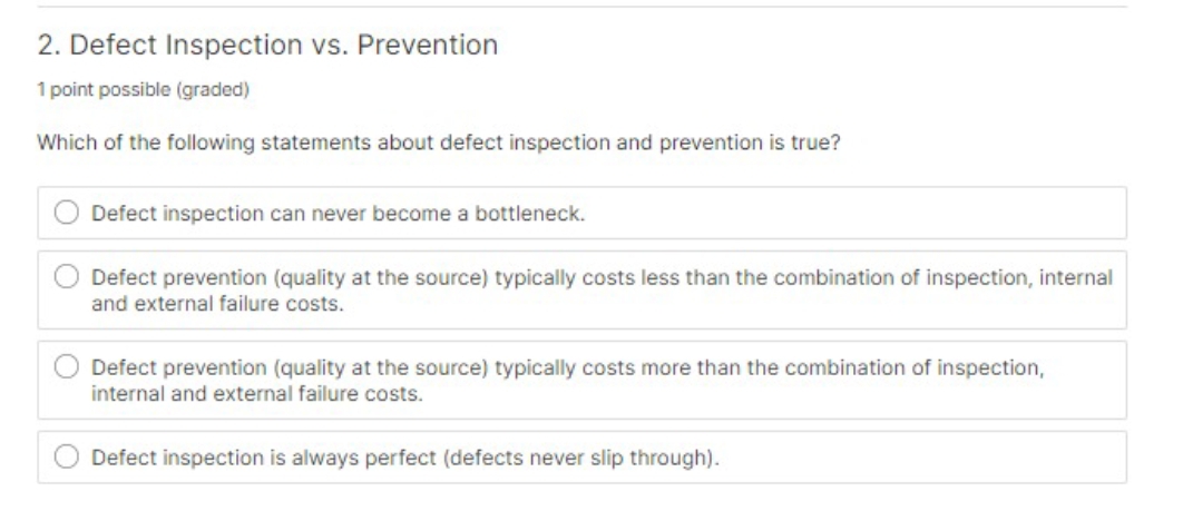 Solved Defect Inspection vs. ﻿Prevention1 ﻿point possible | Chegg.com