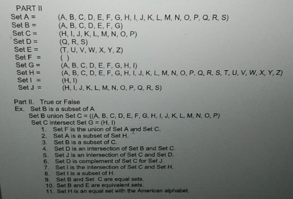 Solved PART II Set A = Set B = Set C = Set D = Set E = Set F | Chegg.com