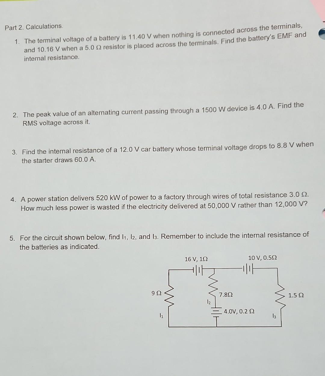 Solved Part 2. Calculations. 1. The terminal voltage of a | Chegg.com