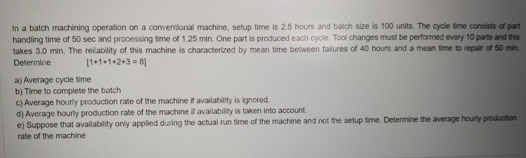 Solved In a batch machining operation on a conventional | Chegg.com
