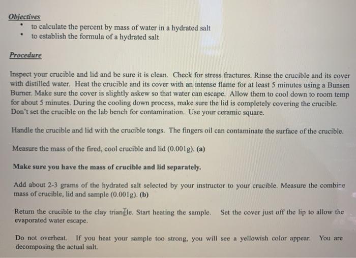 Solved Objectives to calculate the percent by mass of water | Chegg.com