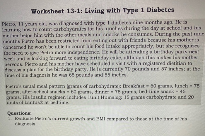 Solved Worksheet 13-1: Living with Type 1 Diabetes Pietro, | Chegg.com