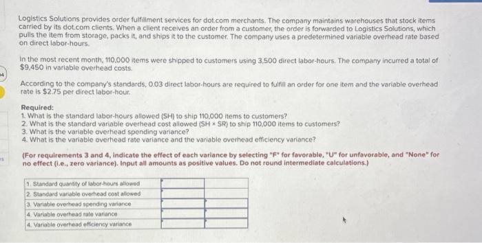 Solved Logistics Solutions provides order fulfillment | Chegg.com