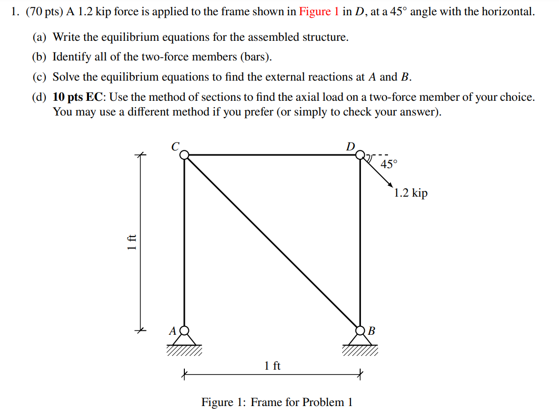 Solved by an EXPERT 1. (70 ﻿pts) ﻿A 1.2 ﻿kip force is applied to the | Chegg.com