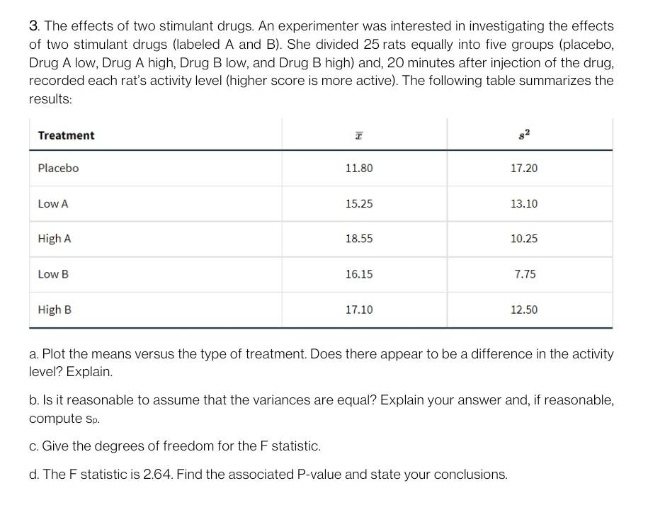 Solved 3. The effects of two stimulant drugs. An | Chegg.com