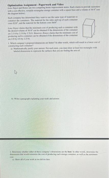 Optimization Assignment - Paperwork and Video Lone | Chegg.com