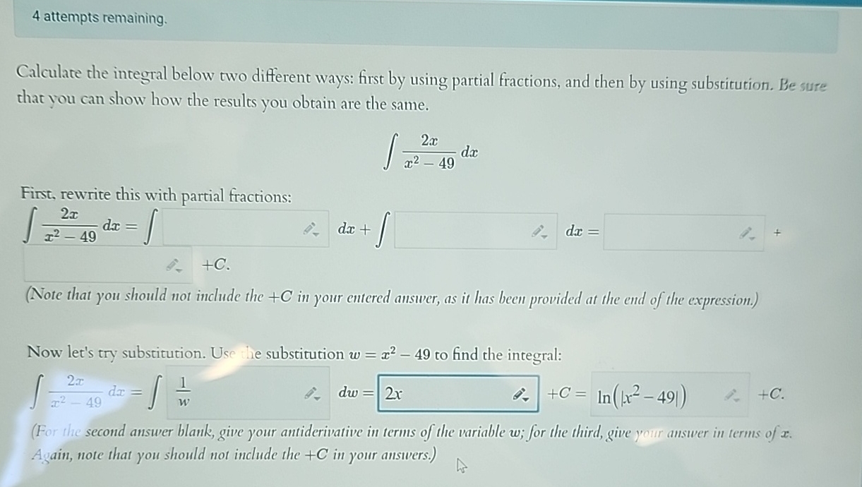Solved 4 ﻿attempts remaining.Calculate the integral below | Chegg.com