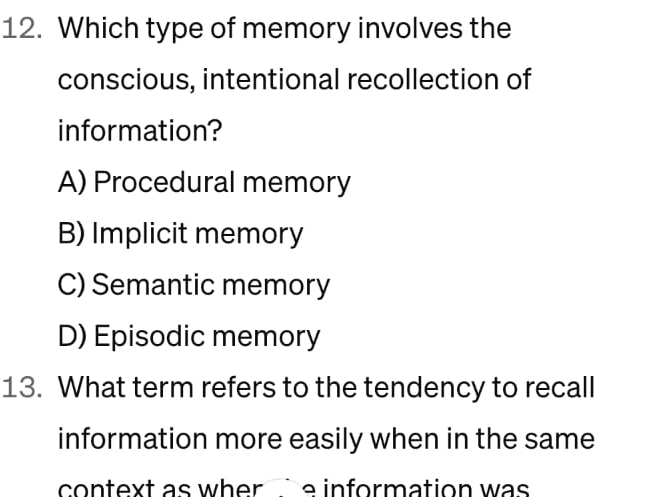 Solved Which type of memory involves the conscious, | Chegg.com