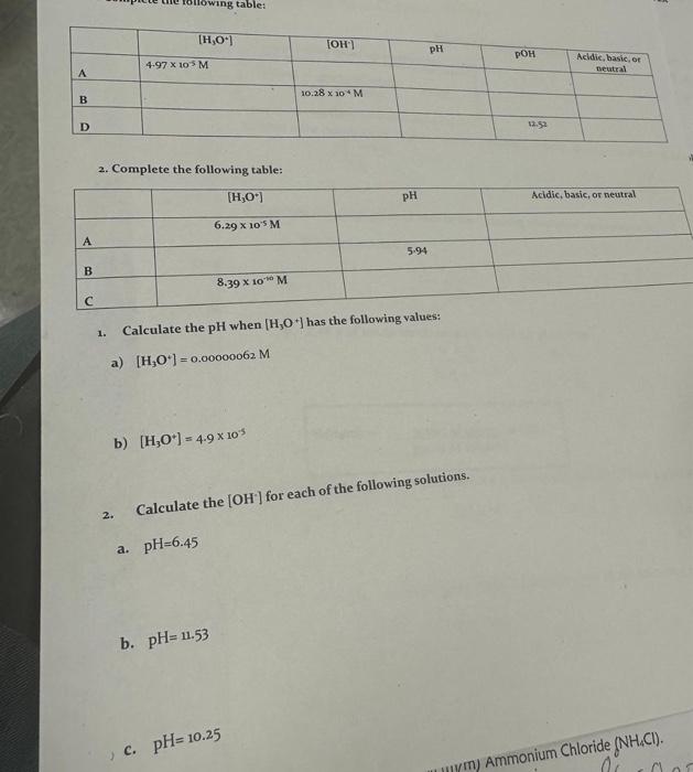 Solved 2. Complete the following table: 1. Calculate the pH | Chegg.com