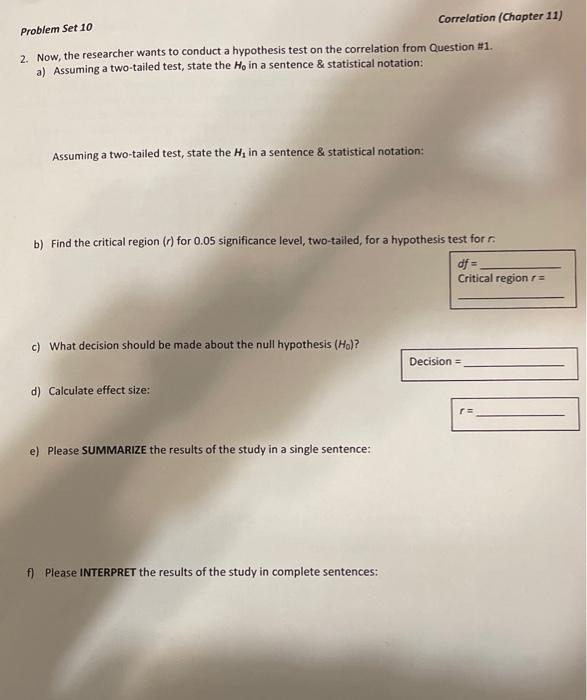 Solved Correlation (Chapter 11) Problem Set 10 2. Now, the | Chegg.com