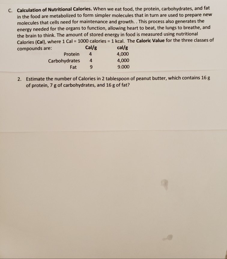 Solved Calculation of Nutritional Calories. When we eat | Chegg.com