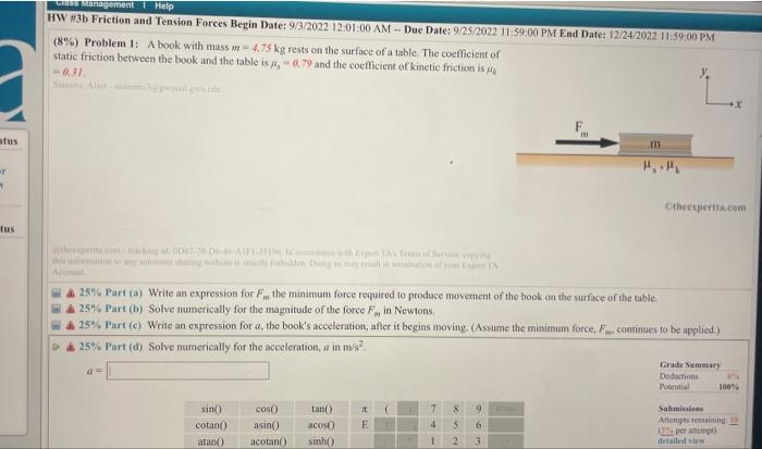Solved (8\%) Problem 1: A book with mass \( m=4,75 | Chegg.com