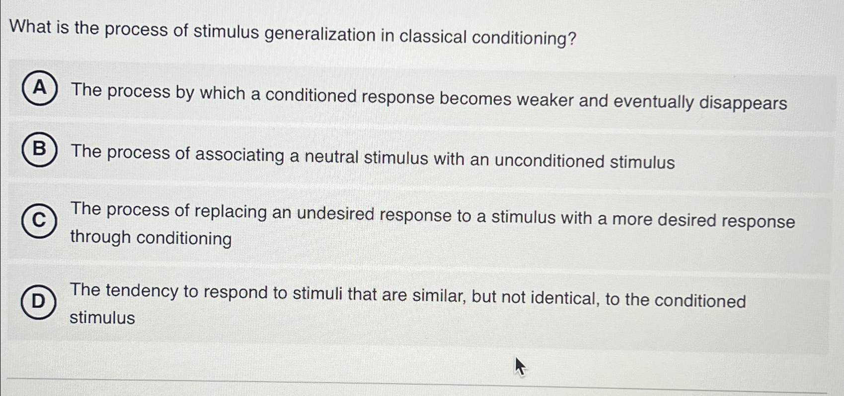 Solved What is the process of stimulus generalization in | Chegg.com