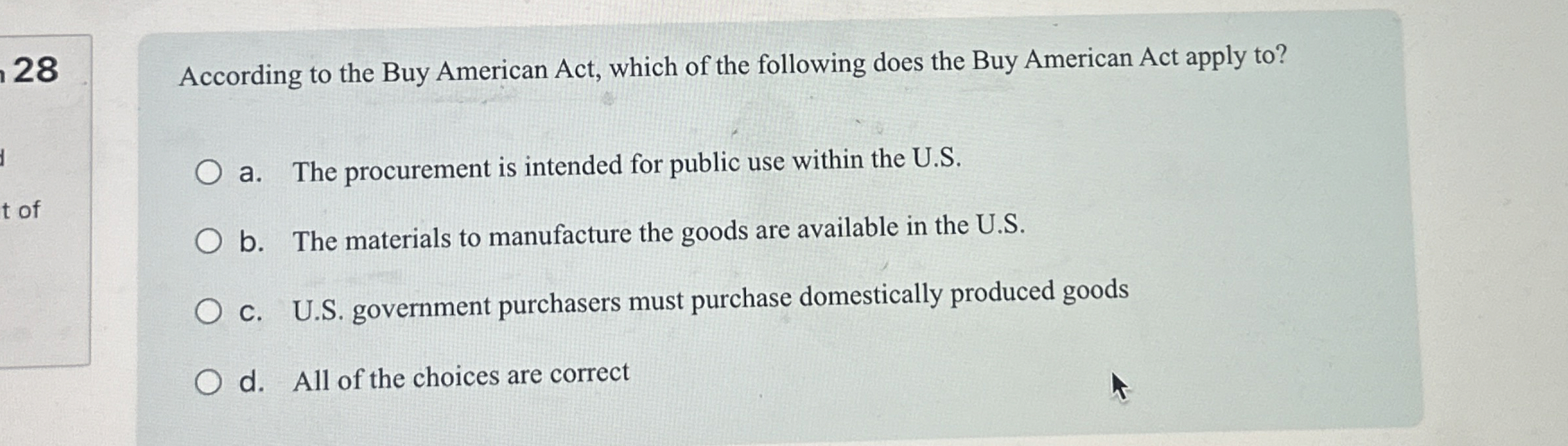 Solved 28According to the Buy American Act, which of the | Chegg.com