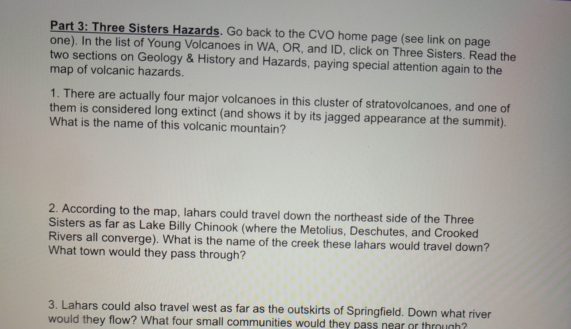 Solved Part 3: Three Sisters Hazards. Go back to the CVO | Chegg.com