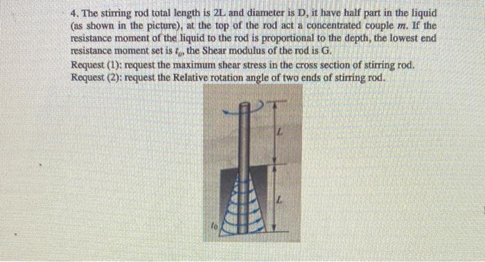 Solved 4. The stirring rod total length is 2 L and diameter | Chegg.com