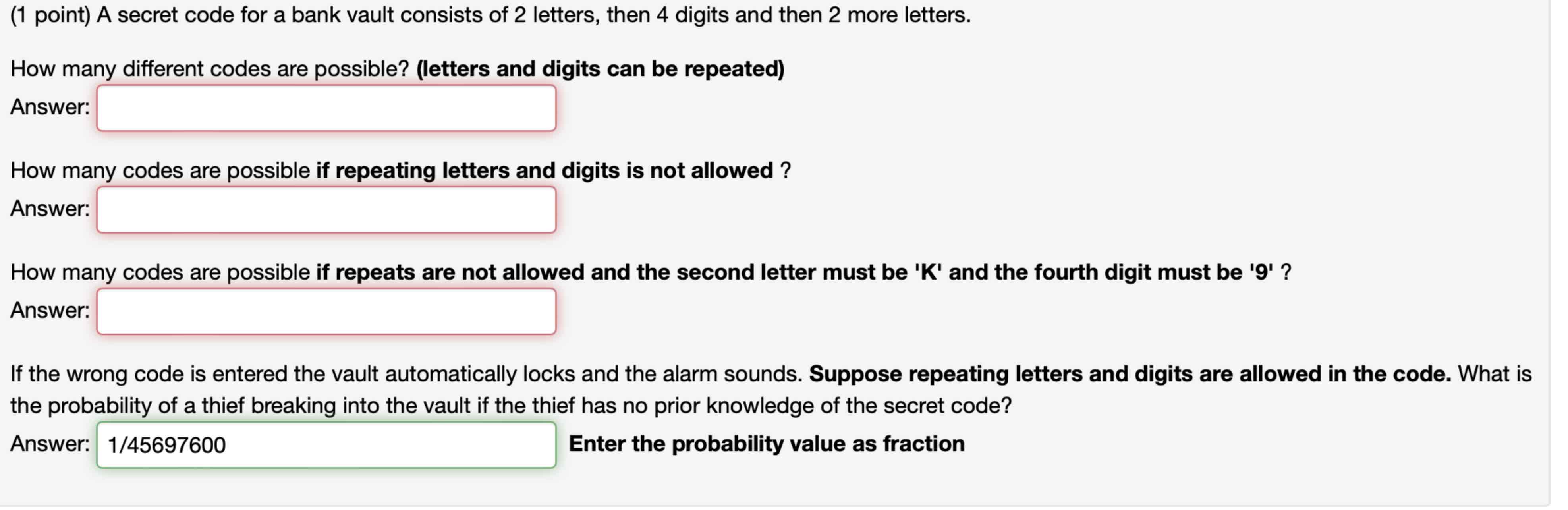 Solved (1 ﻿point) ﻿A secret code for a bank vault consists | Chegg.com