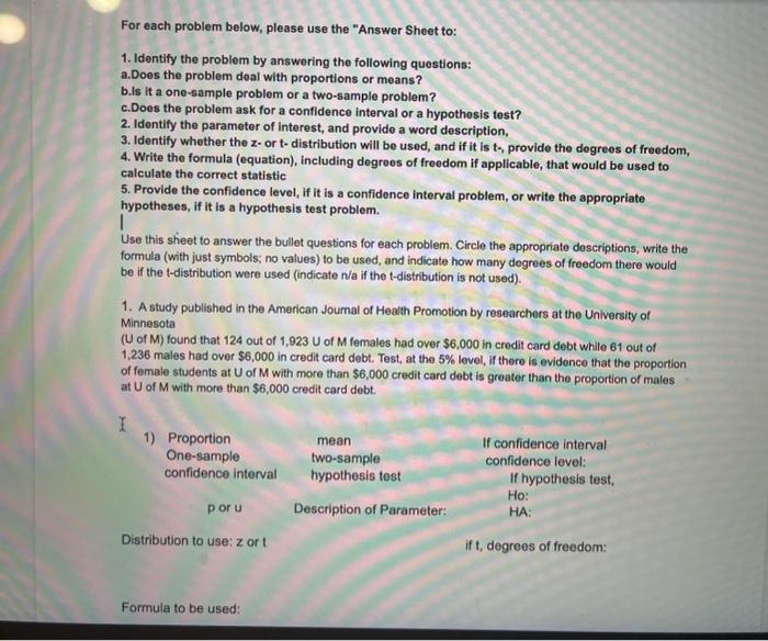 Solved For each problem below, please use the "Answer Sheet | Chegg.com