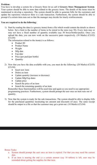 Solved Problem: You have to develop a system for a Grocery | Chegg.com