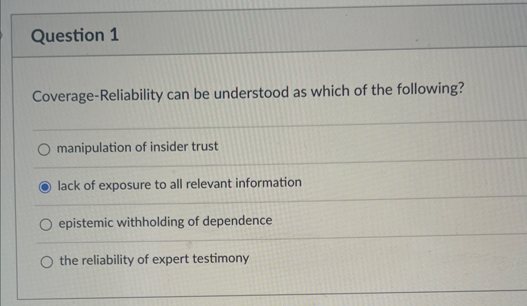 Solved Question 1Coverage-Reliability can be understood as | Chegg.com