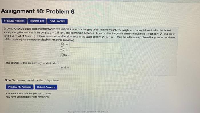 Solved Assignment 10: Problem 6 Previous Probler Problem | Chegg.com