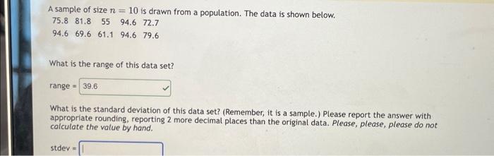 Solved A sample of size n=10 is drawn from a population. The | Chegg.com