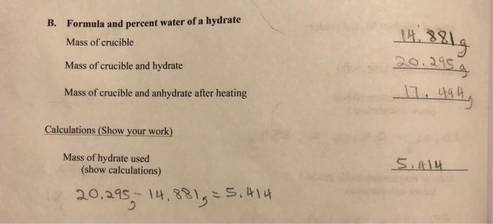 Solved B. Formula and percent water of a hydrate Mass of | Chegg.com