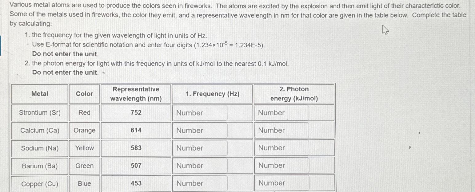 Solved Various metal atoms are used to produce the colors | Chegg.com