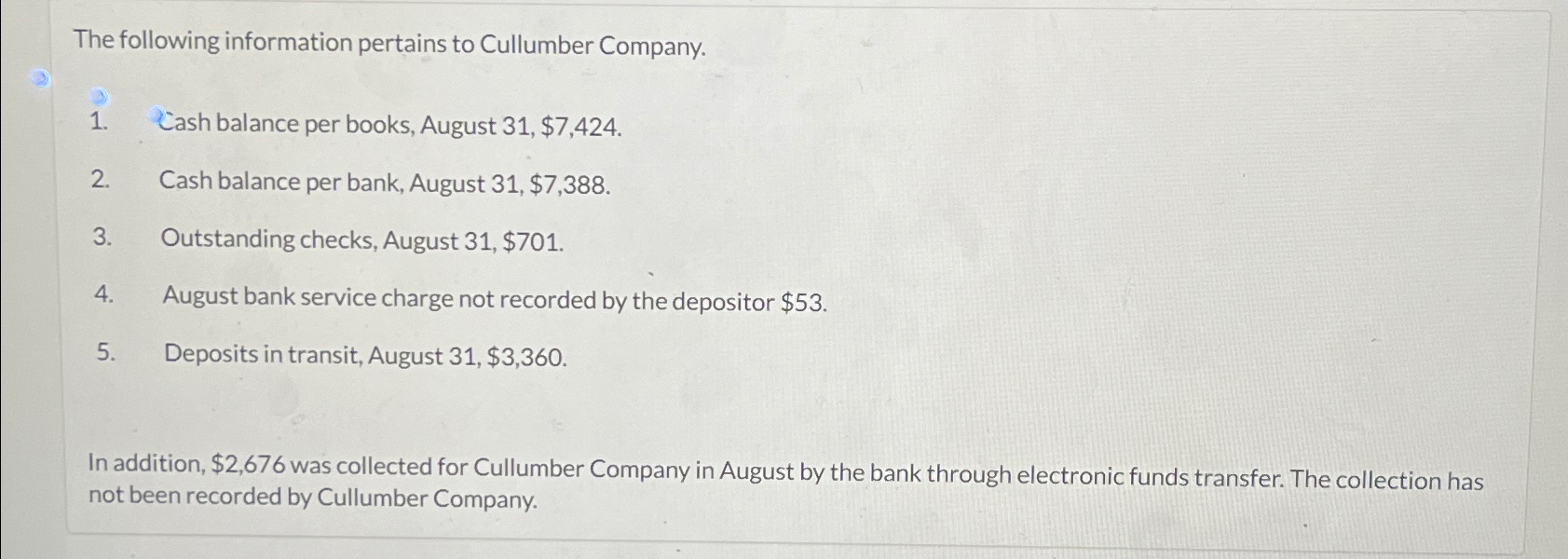 Solved The following information pertains to Cullumber | Chegg.com