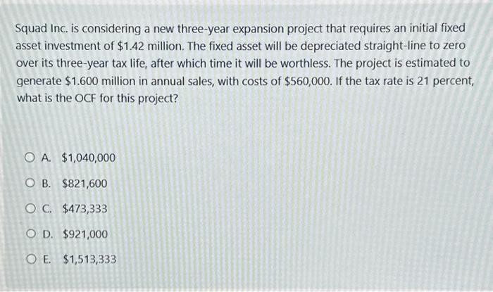 Solved Squad Inc. is considering a new three-year expansion | Chegg.com