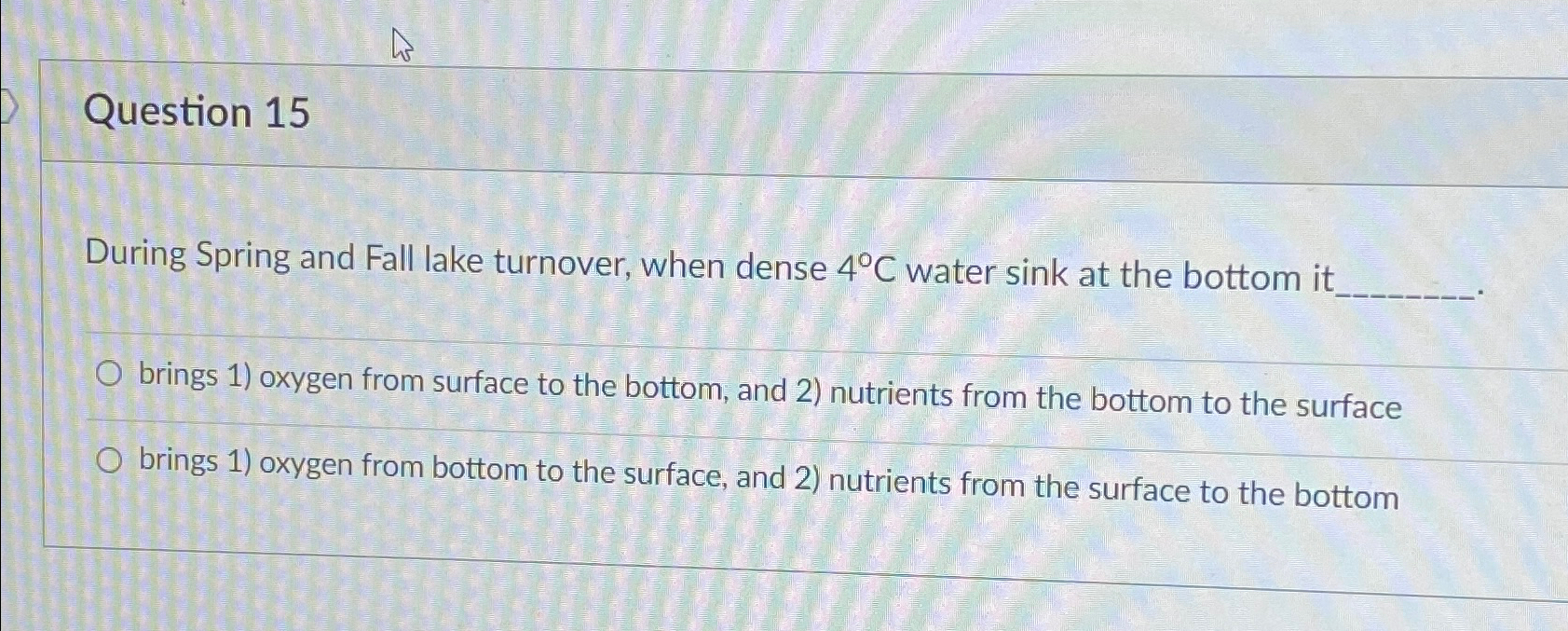 Solved Question 15During Spring and Fall lake turnover, when | Chegg.com
