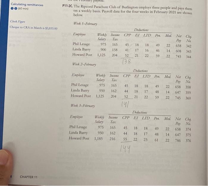 Solved Calculating remittances (60 min) Payroll. P11-2C. The | Chegg.com