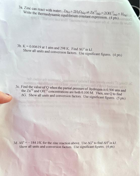Solved 3a. Zinc can react with water: | Chegg.com
