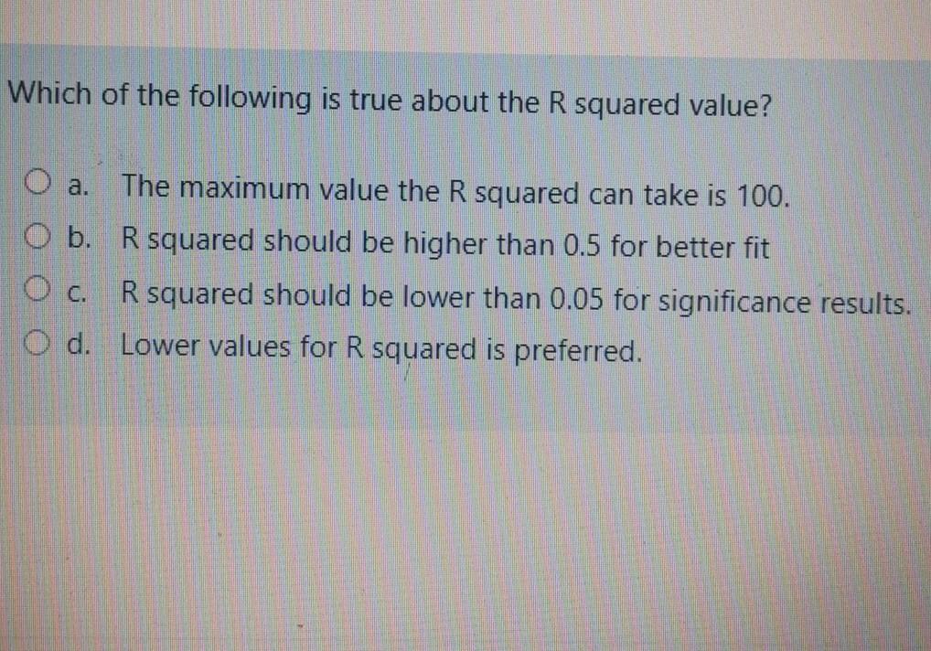 Solved Which of the following is true about the R squared | Chegg.com