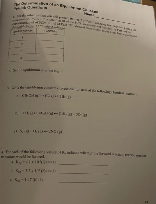 Solved The Determination of an Equilibrium Constant Pre-lab | Chegg.com