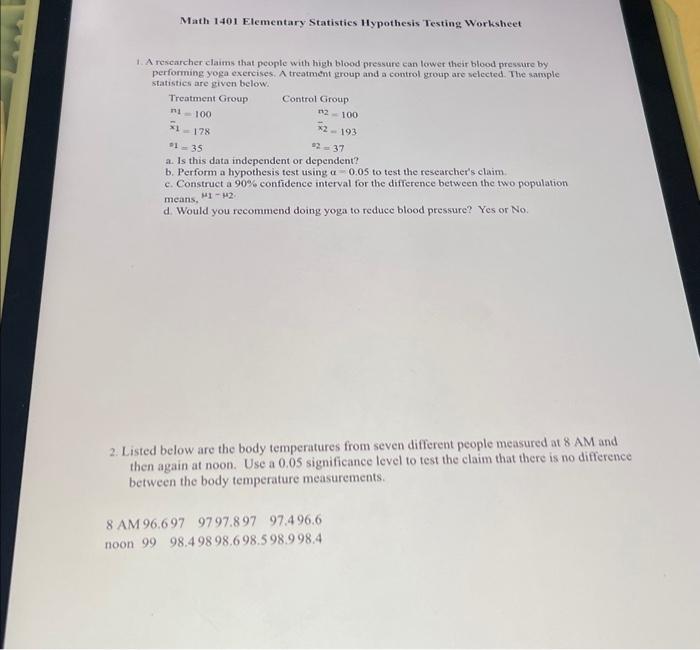 Solved Math 1401 Elementary Statistics Hypothesis Testing | Chegg.com