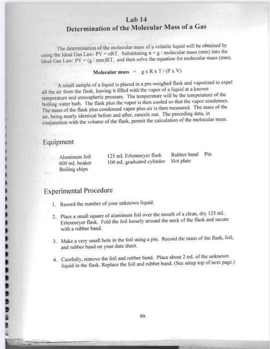 Solved Lab 14 Determination of the Molecular Mass of a Gas | Chegg.com